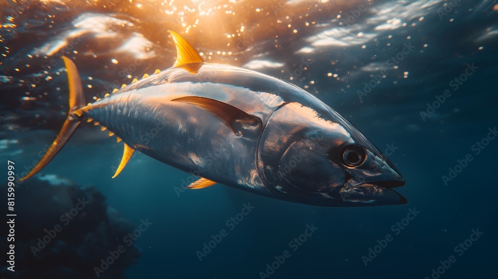Majestic yellowfin tuna swimming in ocean with sunlight filtering ...