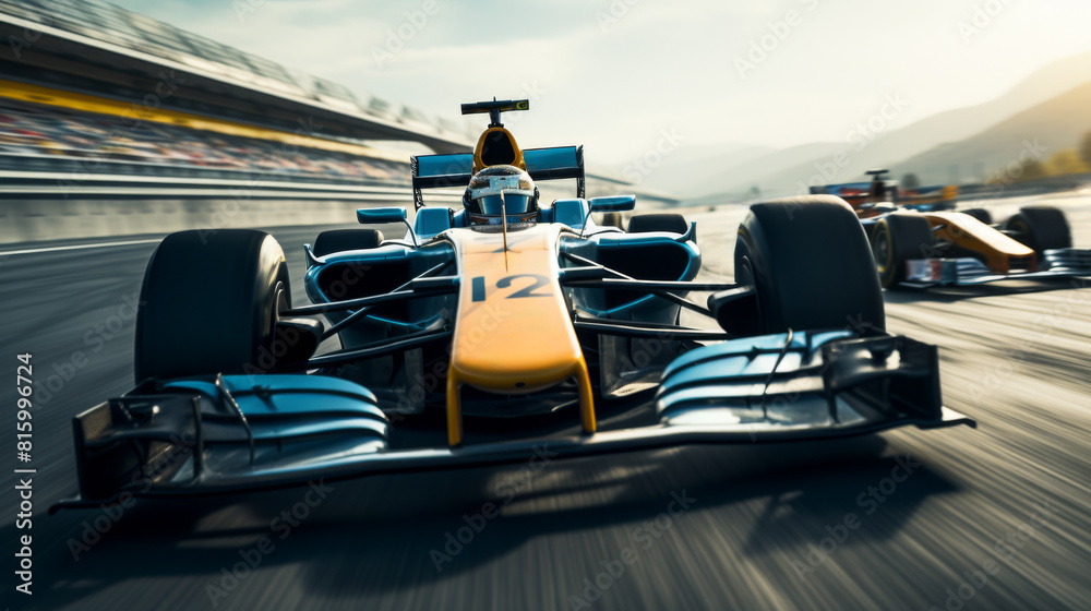 Yellow Formula 1 car without brand close up driving fast to overtake ...