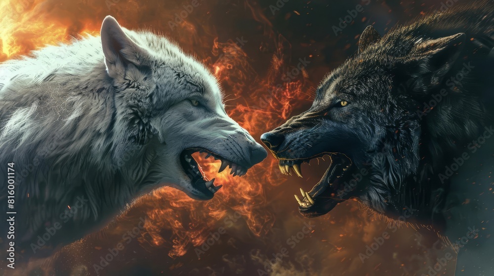 majestic white wolf and mysterious black wolf in intense faceoff fantasy illustration of good vs ...