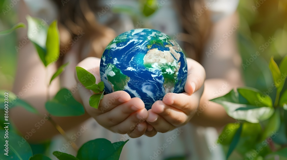 Young Girls Hands Embrace a Blue Earth with Green Leaves Symbolizing ...
