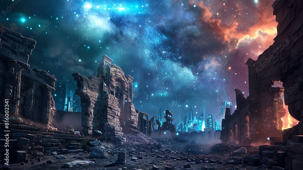 Ancient civilization ruins under a starry sky beside a futuristic ...