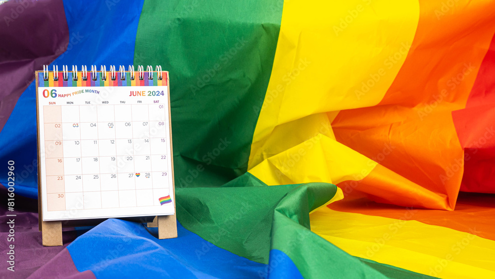 June 1 - June 30. Pride Month calendar on rainbow flag background ...