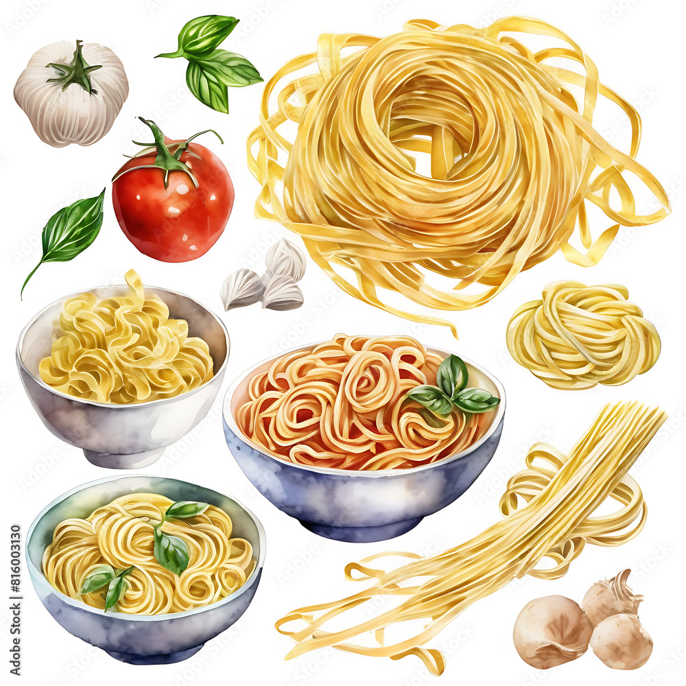 Group of Clip art italian pasta in watercolor on a white isolate ...