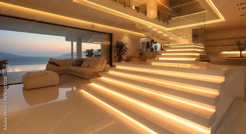 Staircase design with LED lights, modern home interior, glass and wood ...