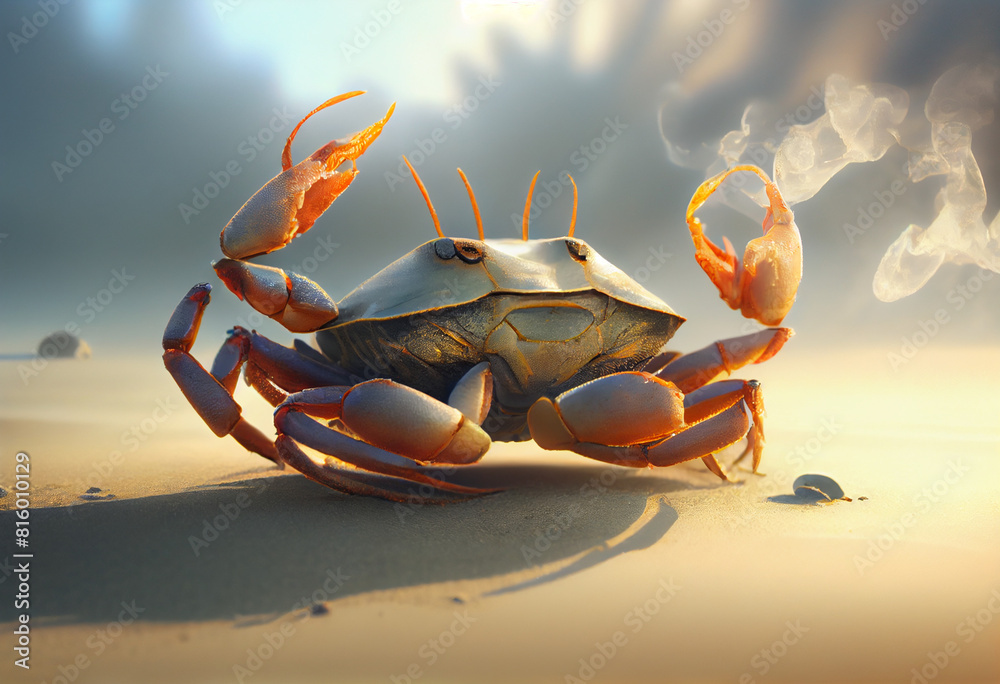Crab on the beach. Crab posing for the camera, wide angle, distortion ...