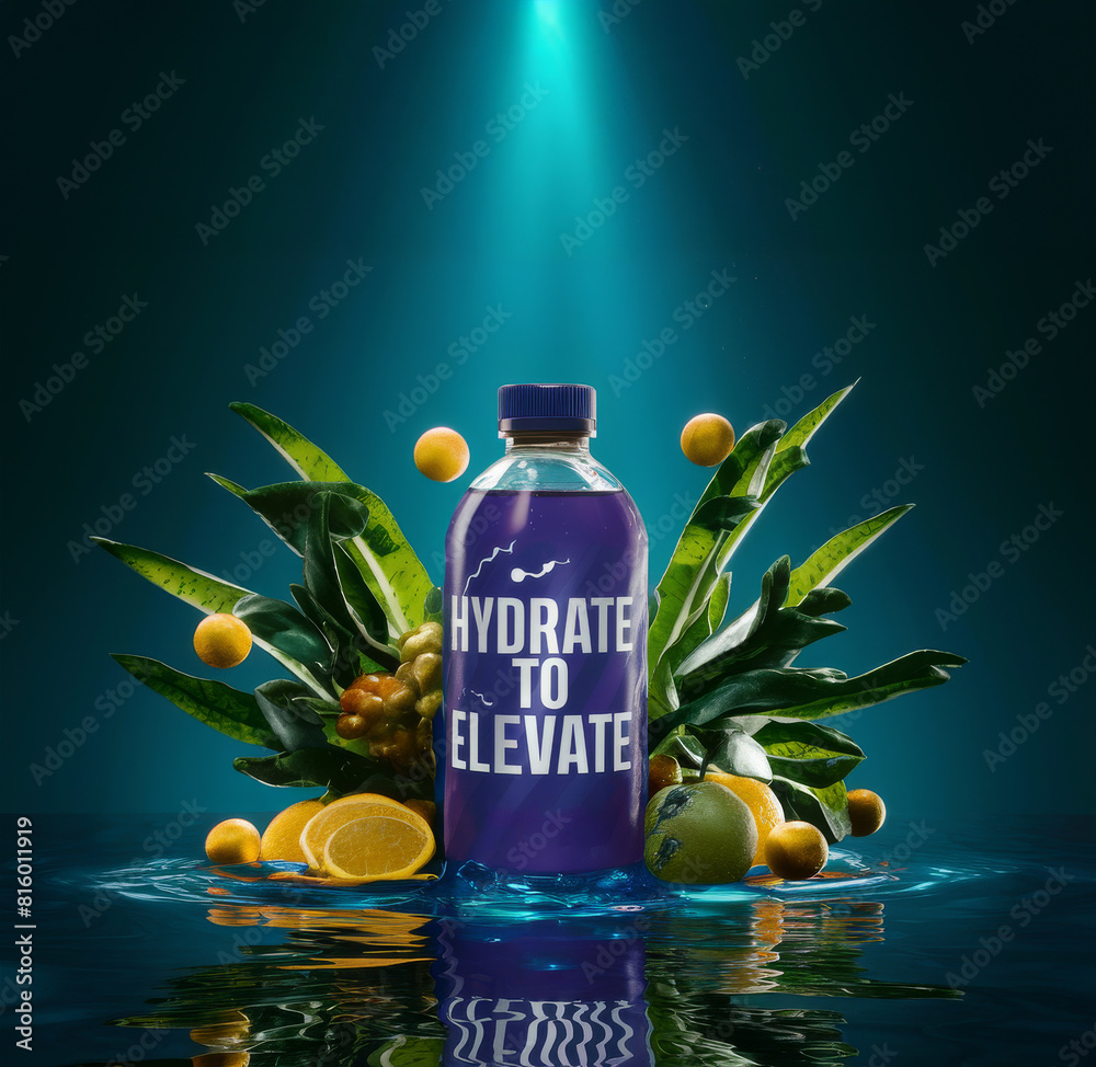 A bottle of water labeled "Hydrate to Elevate" surrounded by fresh ...