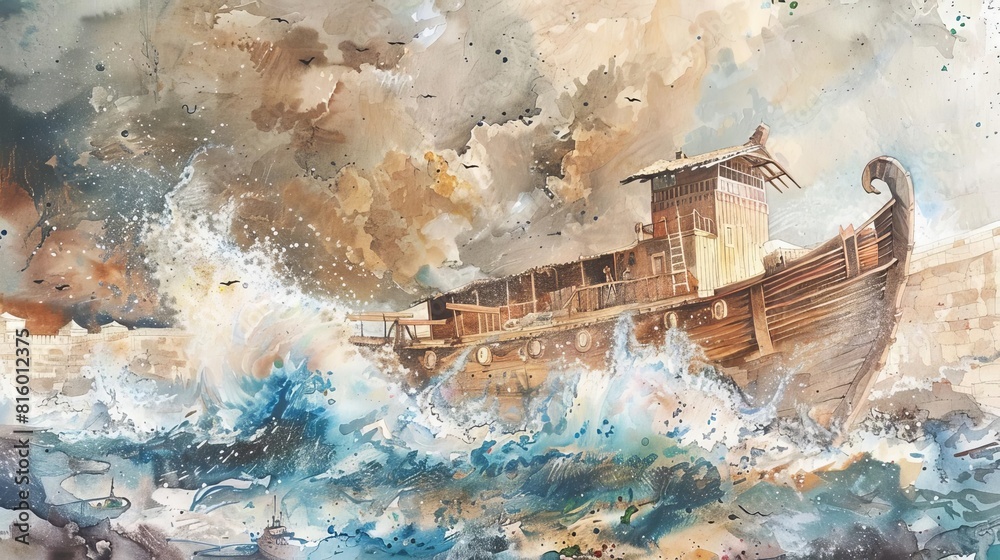 noahs ark and the great flood old testament bible story watercolor ...