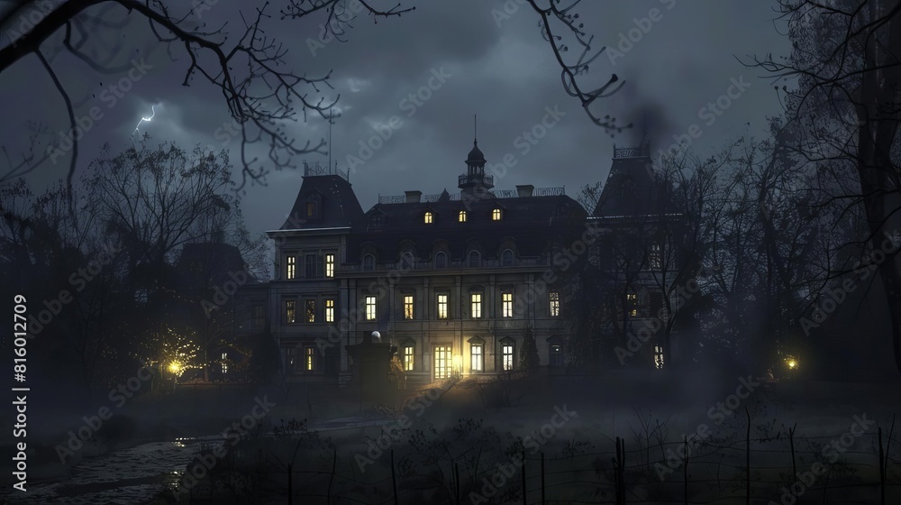 old manor mansion at night lit windows haunted house eerie atmosphere ...