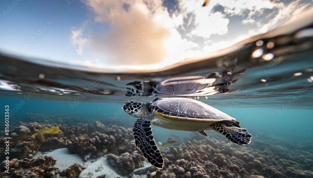Half underwater view of a baby sea turtle swimming in the crystal clear ...