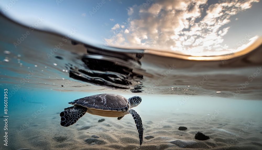 Half underwater view of a baby sea turtle swimming in the crystal clear ...