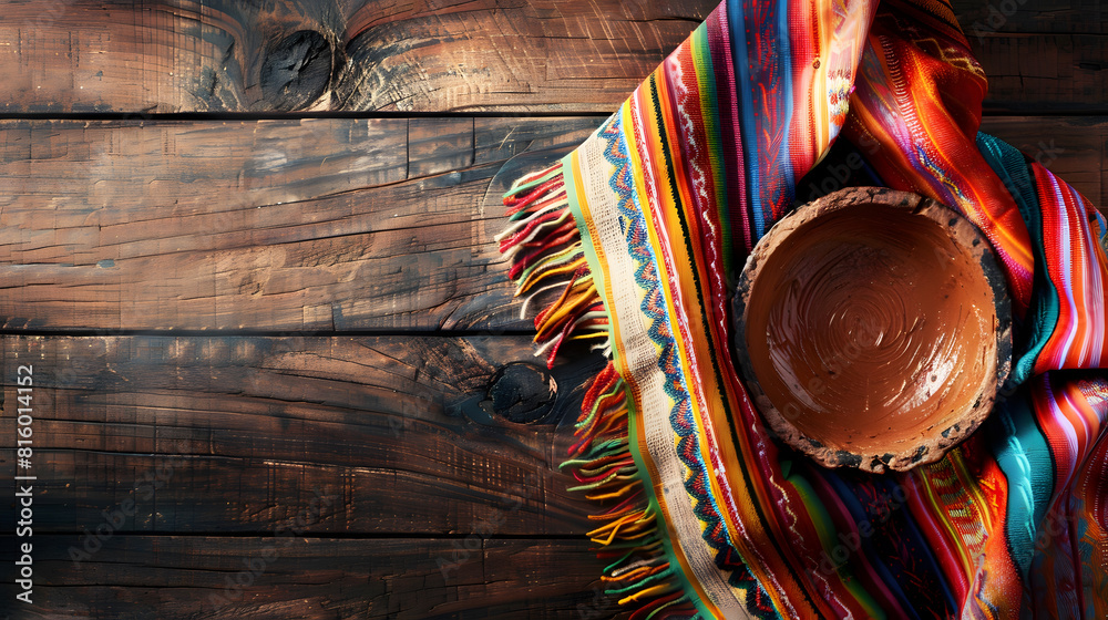 Cooking background with empty mud dish mexican typical fabric on rustic ...