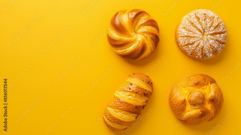 Four different types of bread on a yellow background. The breads are ...