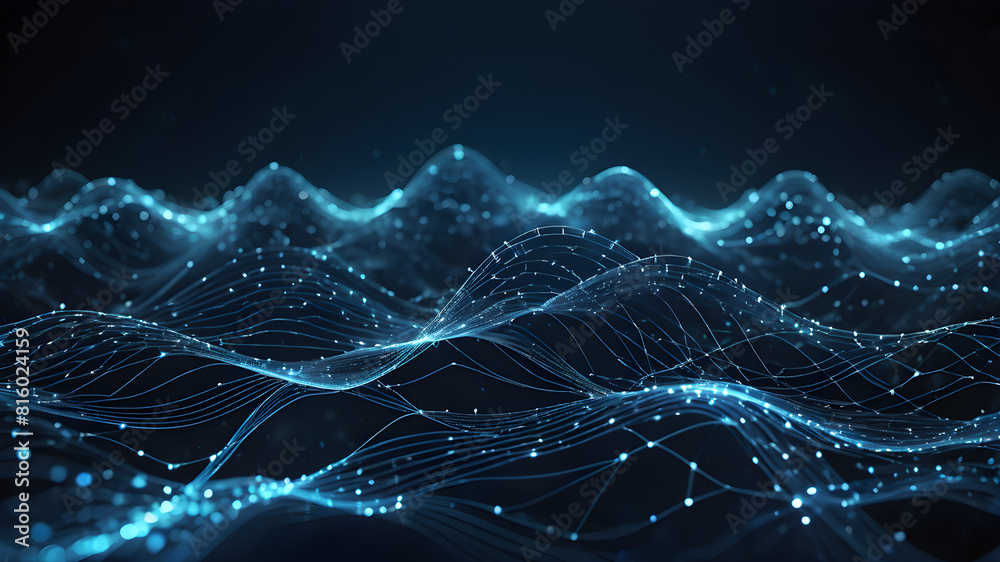 Abstract Dark Blue Tech Background with Digital Waves and Neural ...