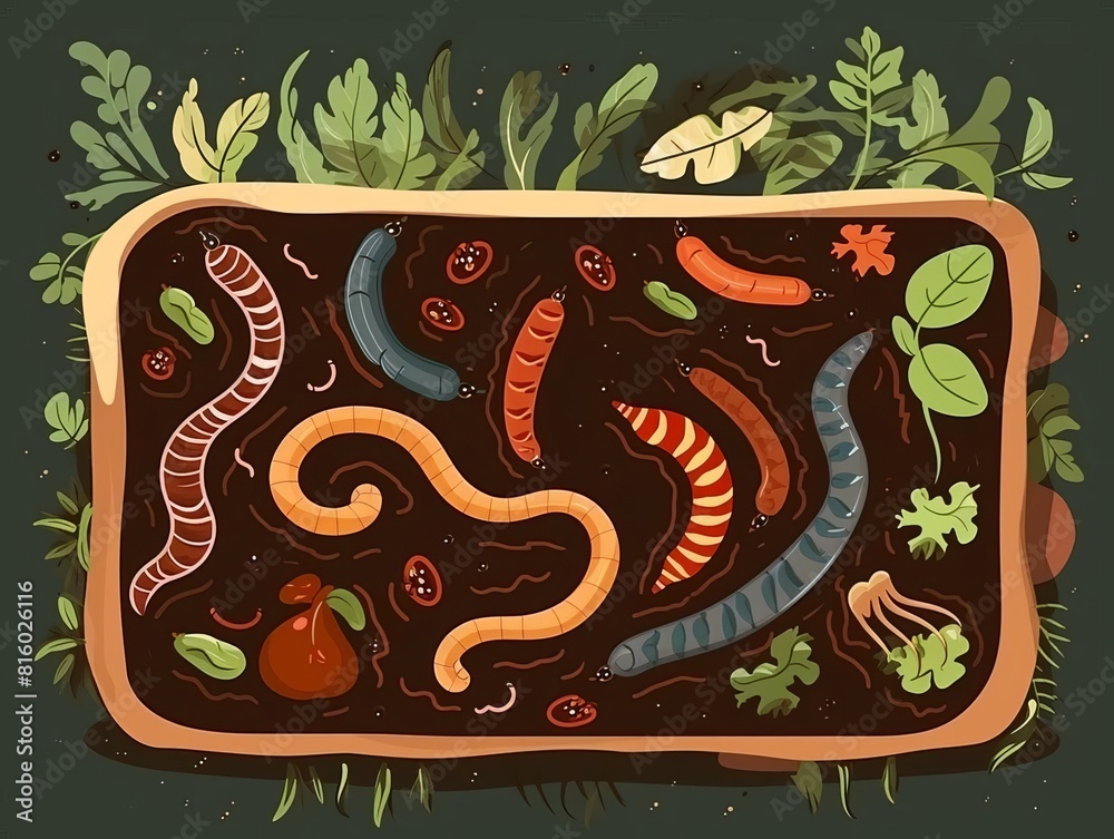 Vermicomposting flat design top view worm farm theme cartoon drawing ...