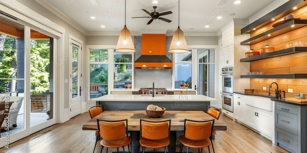 Luxurious kitchen design with bright lights chimney dining table and ...