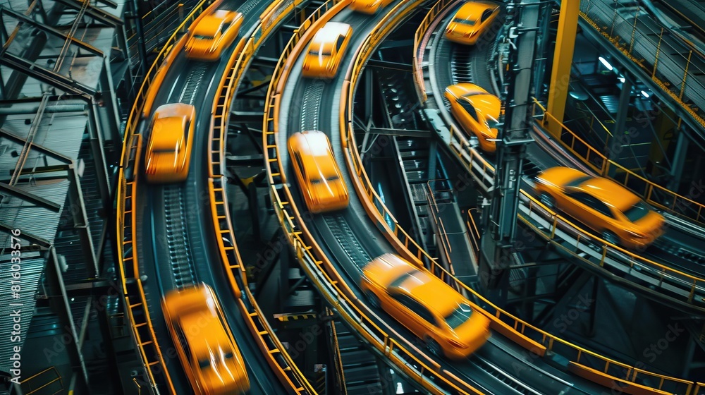 Conveyor belt transporting automotive parts across the factory from top ...