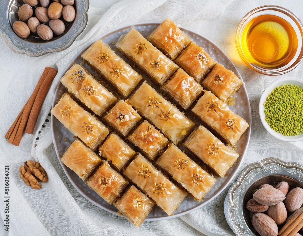 Top view of Sweet table with Baklava, layered pastry dessert made of ...
