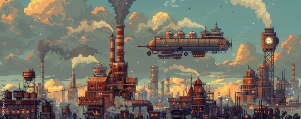 A steampunk cityscape where airships and clockwork contraptions ...