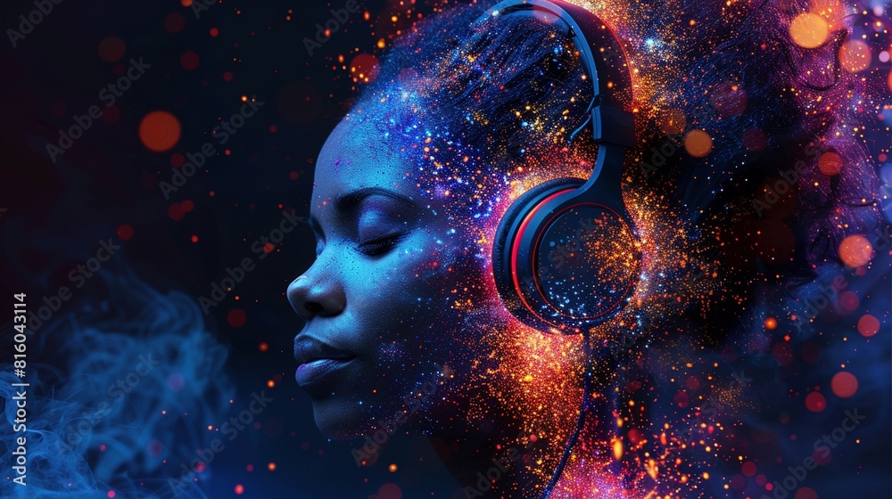 African woman immersed in music, vibrant color vibes, dynamic sound ...