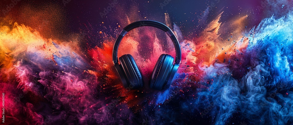 Colorful splash explosion of stereo headphones with vibrant light ...