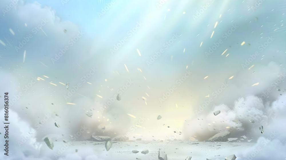 Bomb explosion, clouds of white smoke, particles and fire on blue sky ...