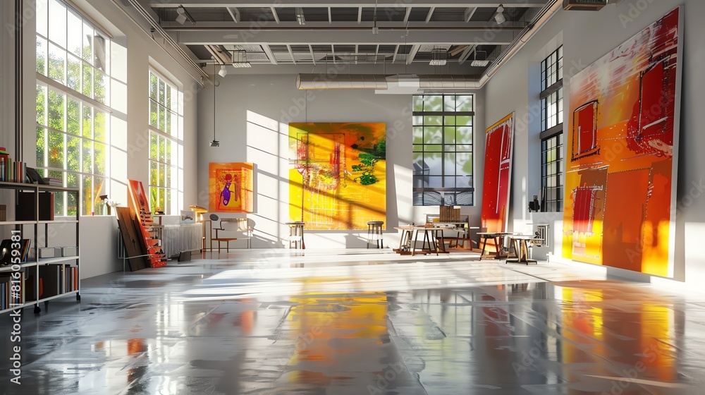 Minimalist artist s studio with large canvases, natural lighting, and ...