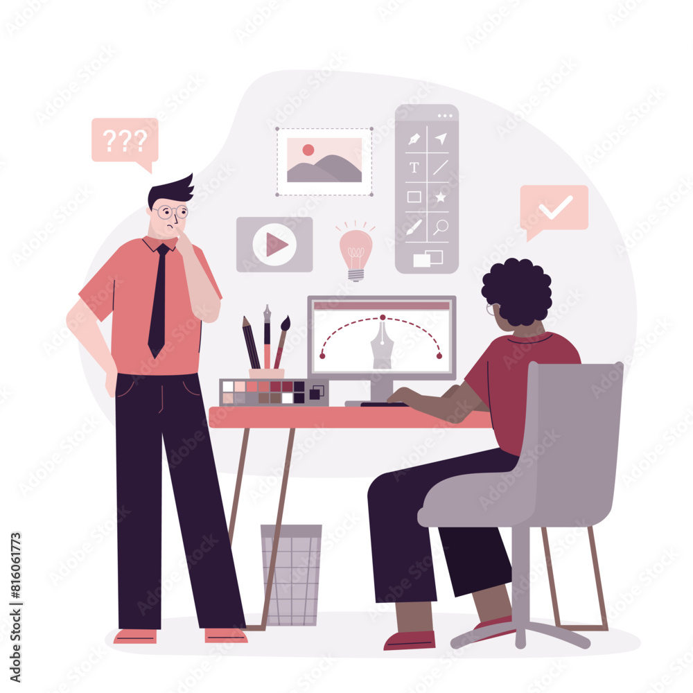 Designer talking to client about order details. Digital artist drawing ...