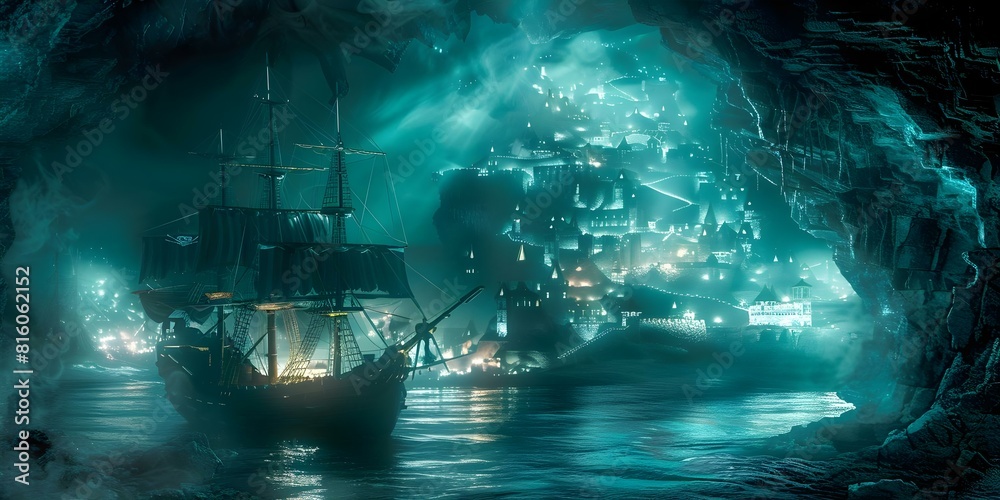 Underground ocean pirate ship with fantasy city island in distance ...