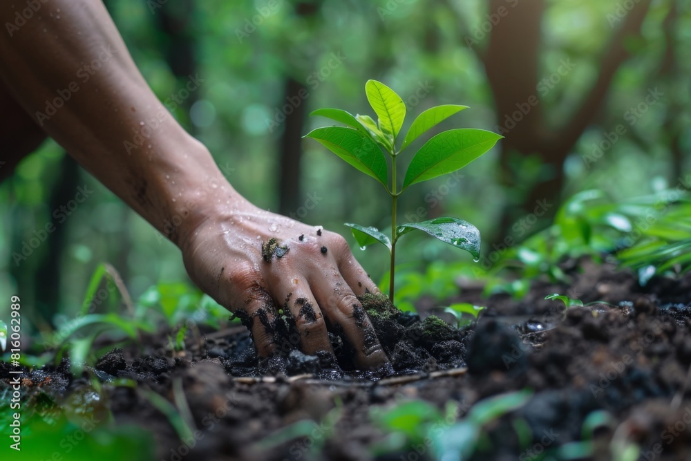 A close-up of a hand planting a young tree sapling in the soil ...