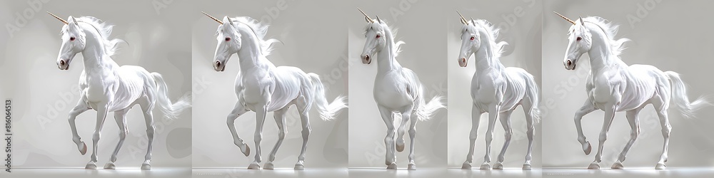 4 different white unicorns, realistic style, full bodies, different ...