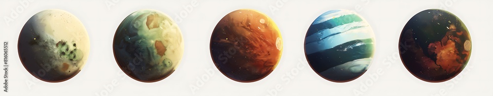 5 planets in different colors, white background, fantasy art style ...