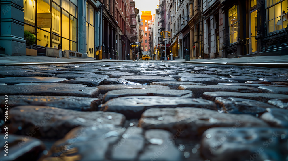 New York City old SoHo Downtown paving stone street with retail stores ...