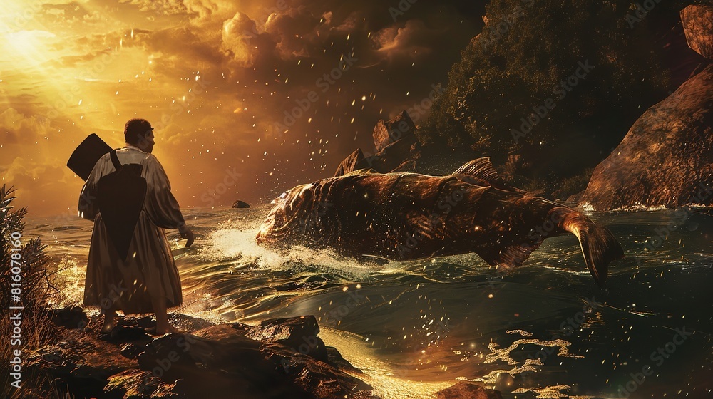 Jonah and the Great Fish - Inspirational Bible Story Stock Illustration | Adobe Stock