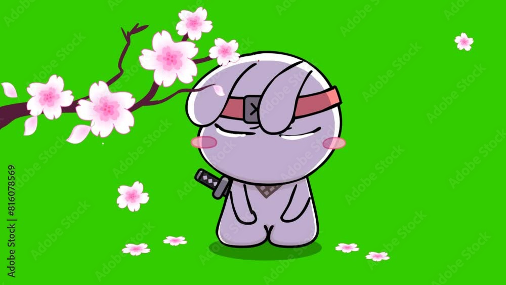 Animated ninja rabbit crying in a falling cherry blossom garden on ...