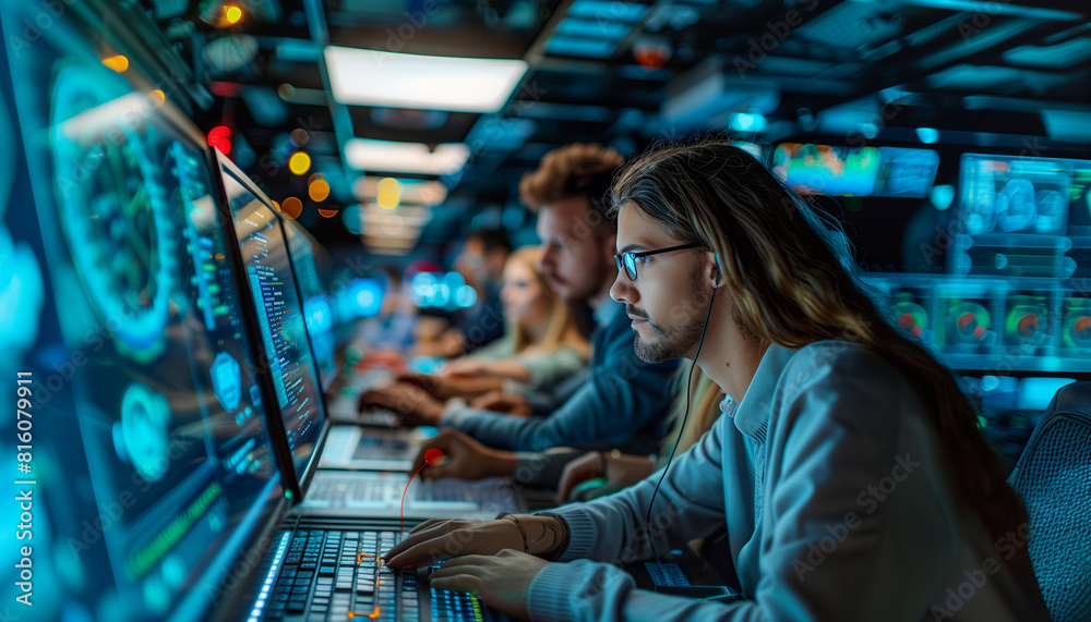 a side view of a cybersecurity team collaborating in a high-tech ...