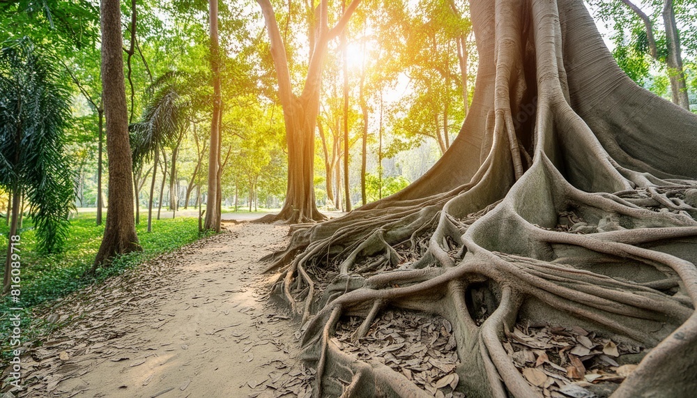 the roots of a large old tree that vines down to the footpath with the ...