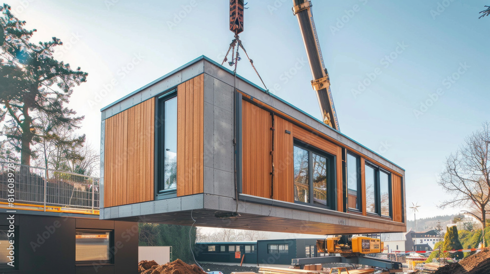 Single-story prefabricated modular building being lifted into place by ...