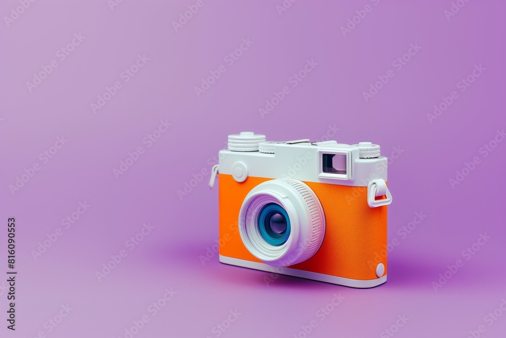 A vintage-style orange camera with a prominent blue lens, presented on ...
