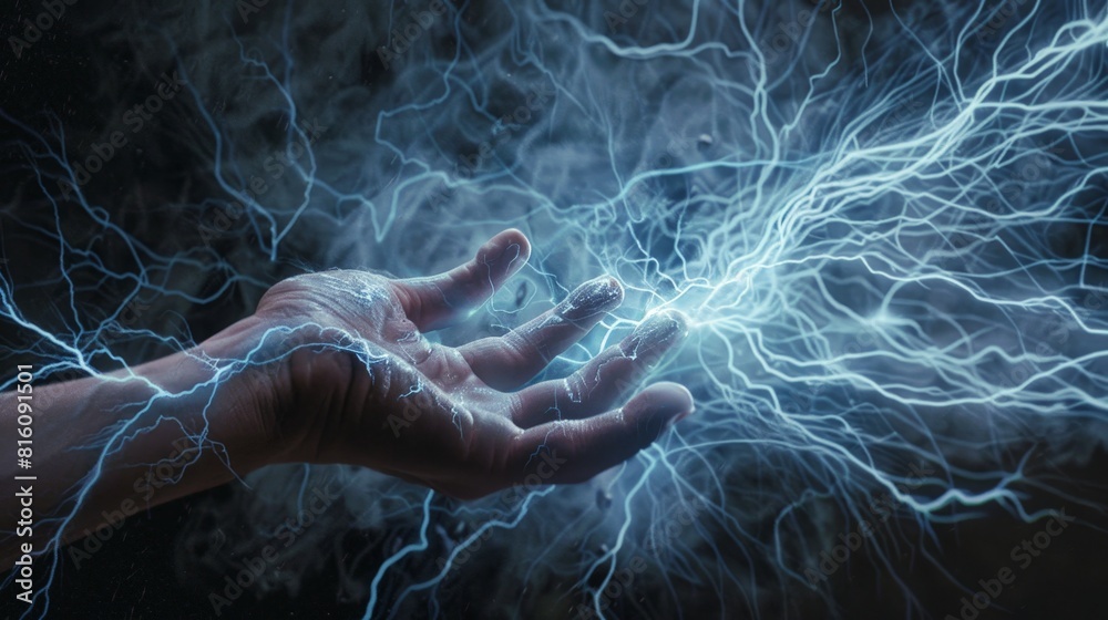 Human hand reaching out with visible electrical arcs emanating from the ...