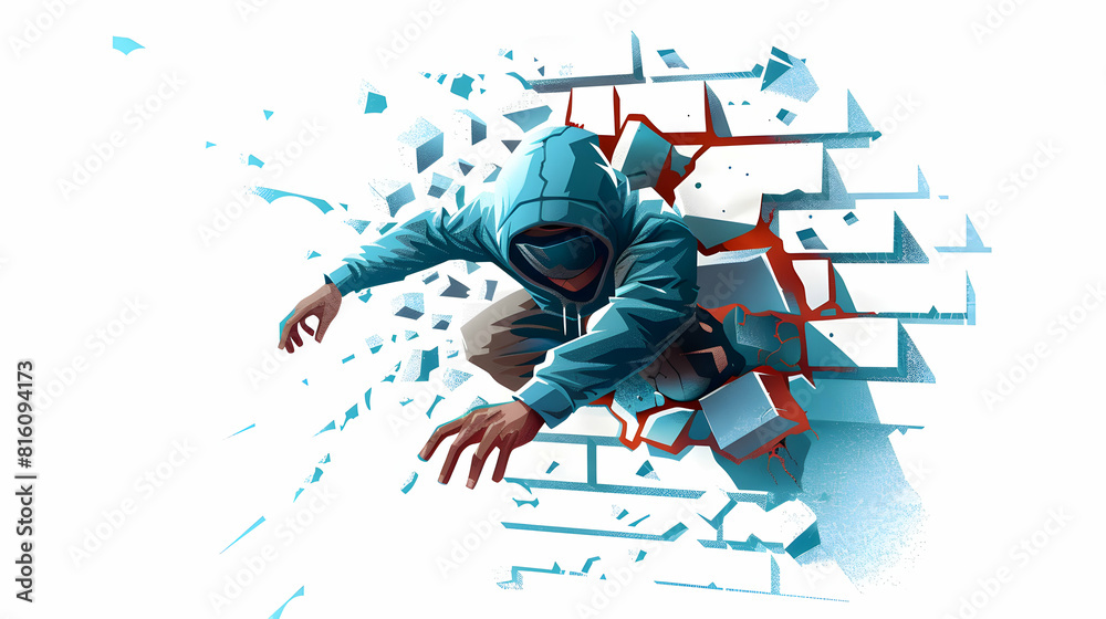 3D Flat Cartoon Hacker Icon Breaking Through Firewall Symbolizing Unauthorized Access and ...