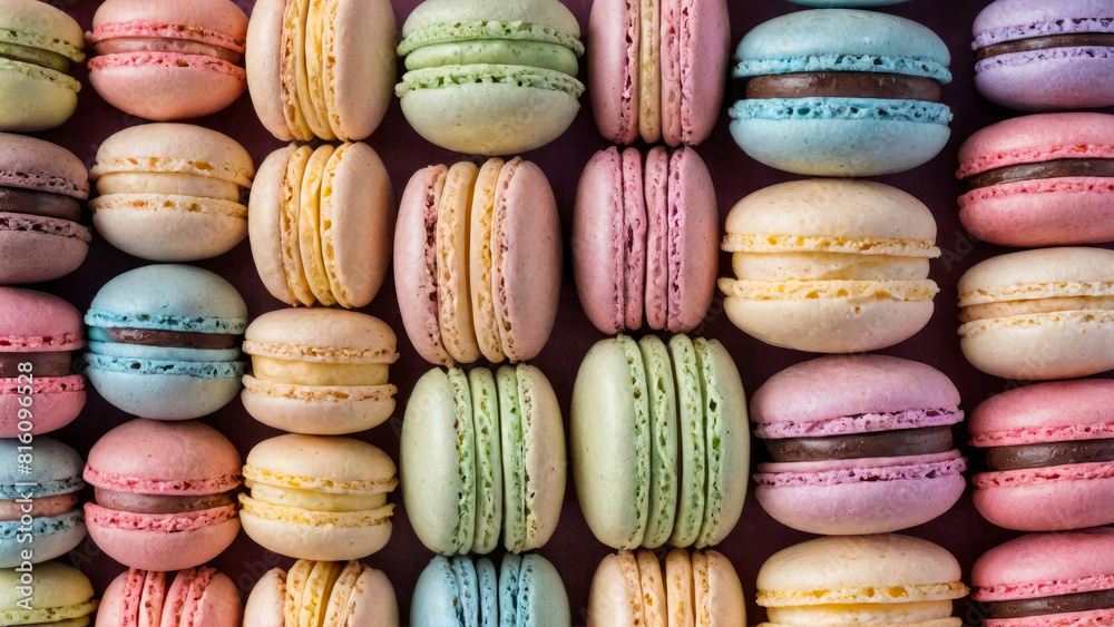 Multitude of colorful pastel French macaroons, tightly fitted together ...