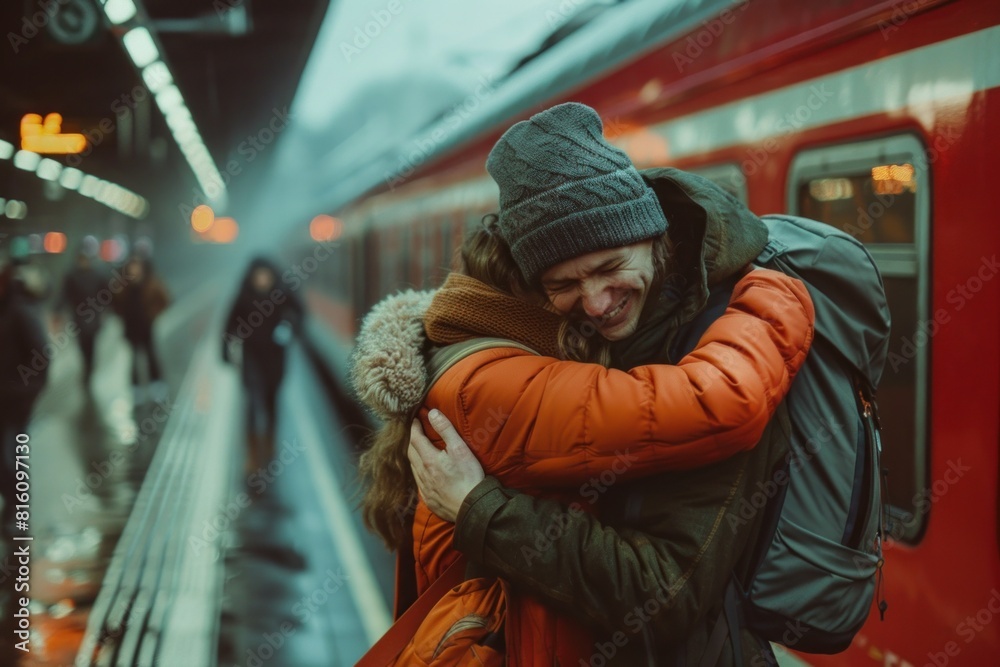 Emotional embrace between a man and woman on a bustling train station ...