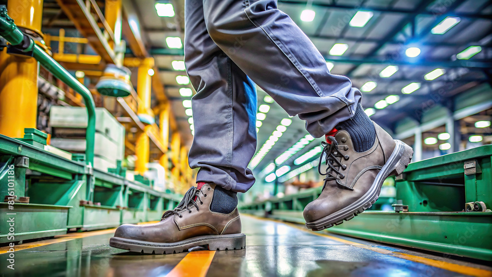 A detailed view of a worker's feet clad in safety shoes, navigating ...