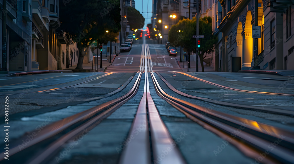 Low angle twilight view of an empty road with cable car tracks leading ...