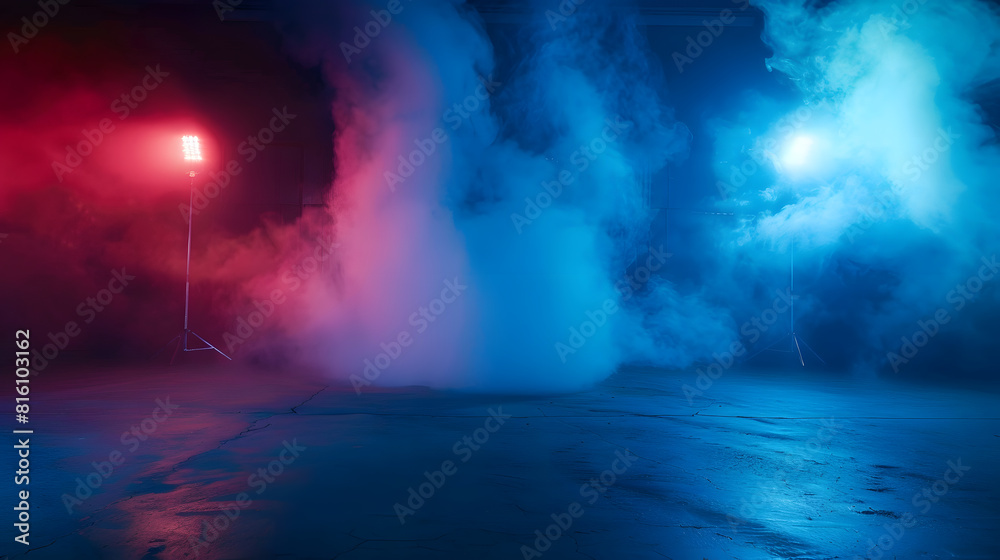 Bright stadium arena lights Smoke bombs neon lights spotlights asphalt ...