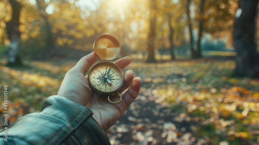 A traveler holding a compass in a park seeking guidance and direction ...