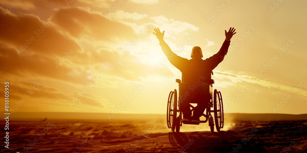 Silhouette of a man praising the lord on a wheelchair. Christ's Healing ...