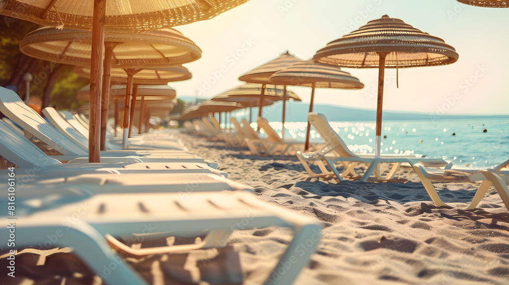 Empty beach white sunbeds wicker umbrellas waiting for new summer ...