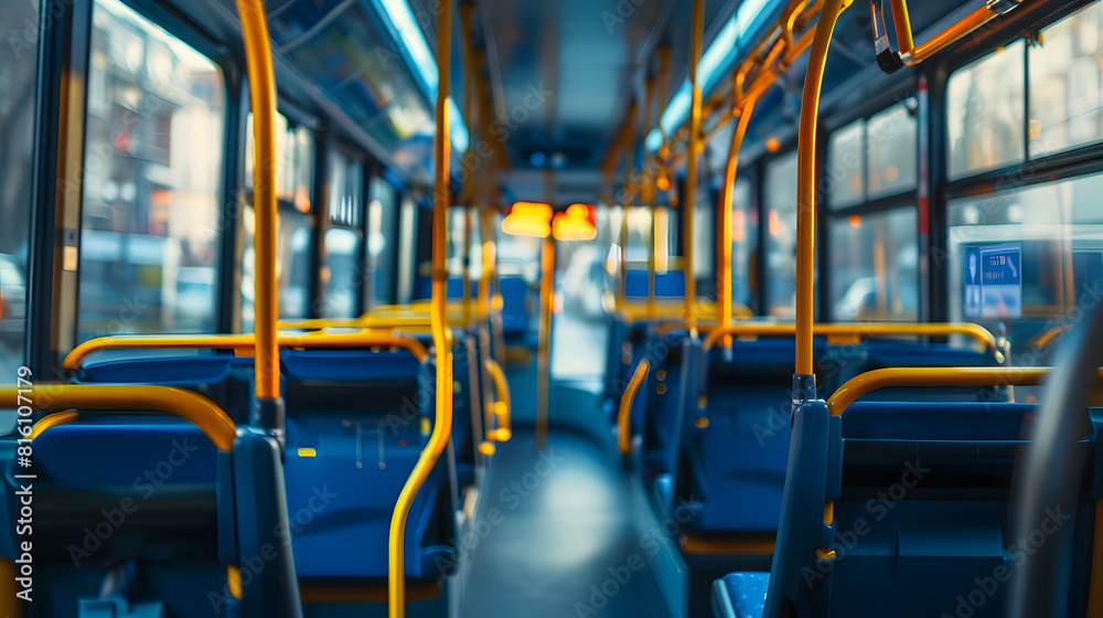 Interior of a city bus Empty bus interior Bus with blue seats and ...