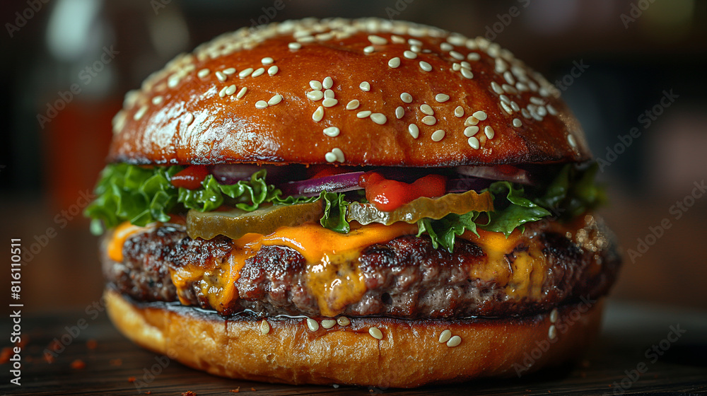 A close-up shot of a gourmet burger being assembled, with layers of ...